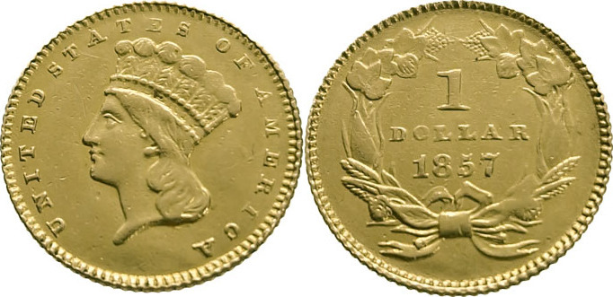USA 1 Dollar 1857 Large Indian Head - Gold Extremely Fine | MA-Shops