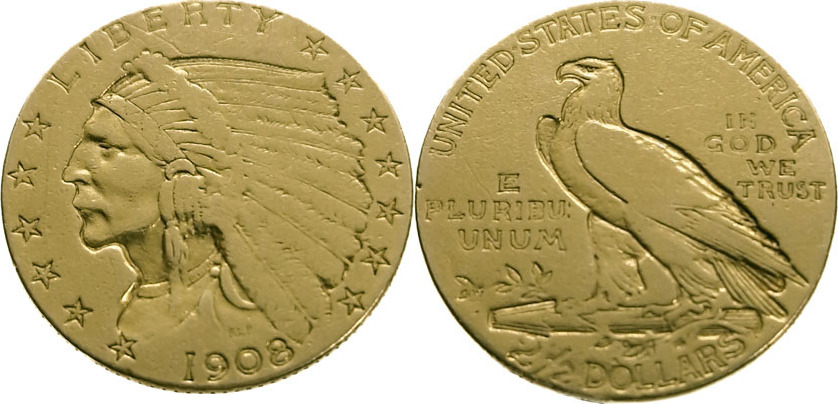 USA 2.5 Dollars 1908 Indian Head - Gold Very Fine+ | MA-Shops
