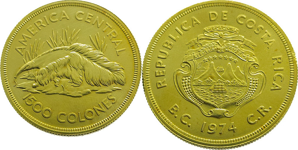Costa Rica 1500 Colones 1974 Giant Anteater - Gold unz (unzirculated ...