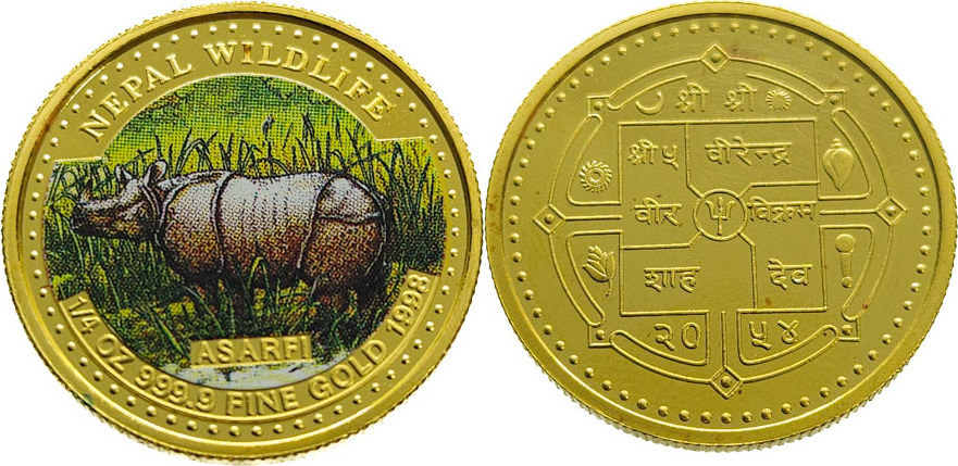 1/4 Oz 1998 Colored Rhino - Nepal Wildlife - Asarfi PP | MA-Shops