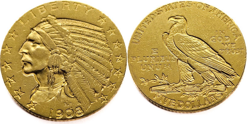 USA 5 Dollars 1908 Indian Head - Gold Extremely Fine | MA-Shops