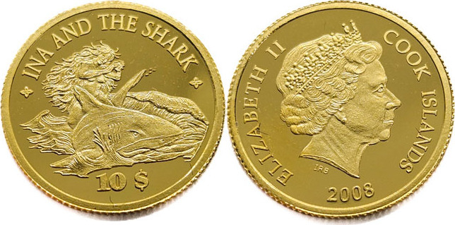Cook Islands 10 Dollars 2008 Ina & the Shark - Gold PP | MA-Shops