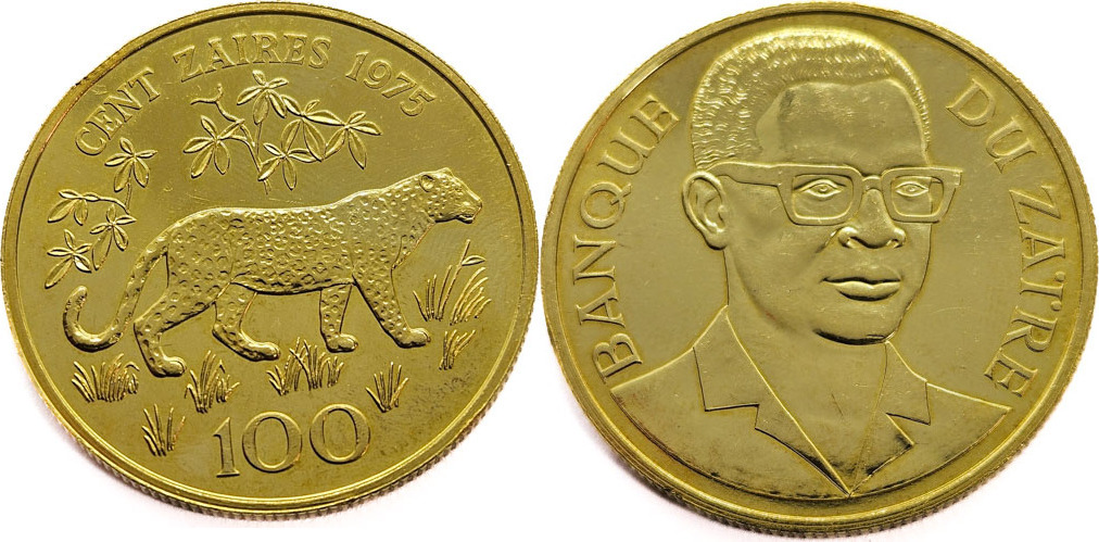 Zaire 100 Zaires 1975 Mobutu - Leopard - Gold - Rare Proof | MA-Shops