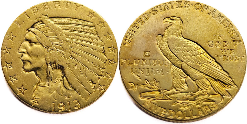USA 5 Dollars 1913 Indian Head - Gold Extremely Fine+ | MA-Shops