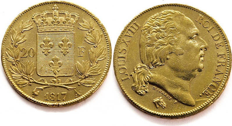 France 20 Francs 1817-A Louis XVIII - Gold UNC (Uncirculated) | MA-Shops