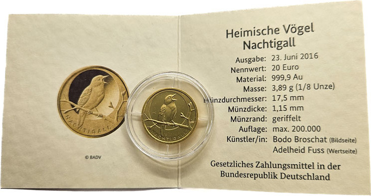 Germany 20 Euro 2016-D Nightingale - Gold PP | MA-Shops