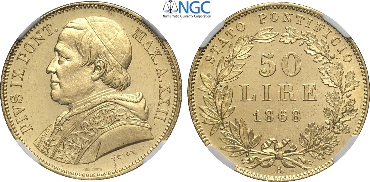 ITALY 50L 1868 NGC MS64+ | MA-Shops