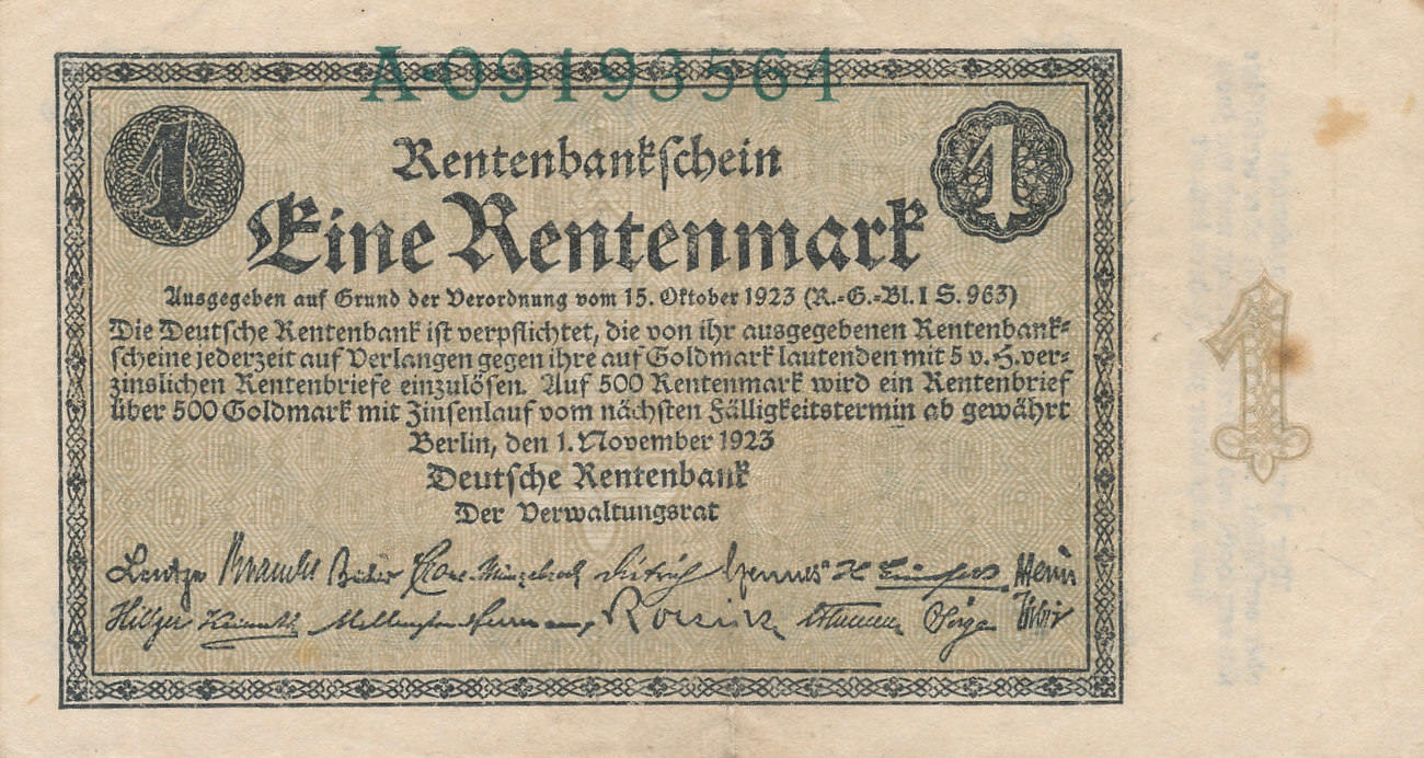 Deutsches Reich,Weimarer Republik, 1 Rentenmark 1923 Ro.154a ...