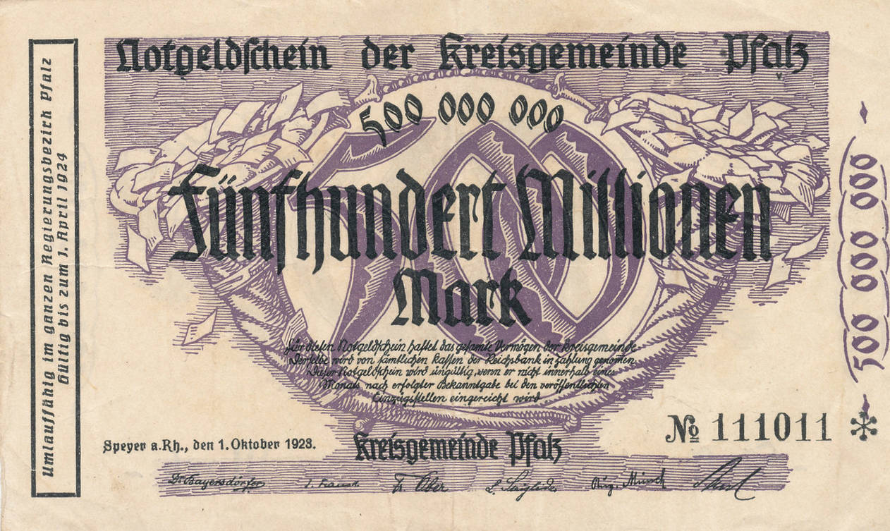 Deutsches Reich, Pfalz, 500 Millionen Mark 1923 Speyer, Kreisgemeinde ...