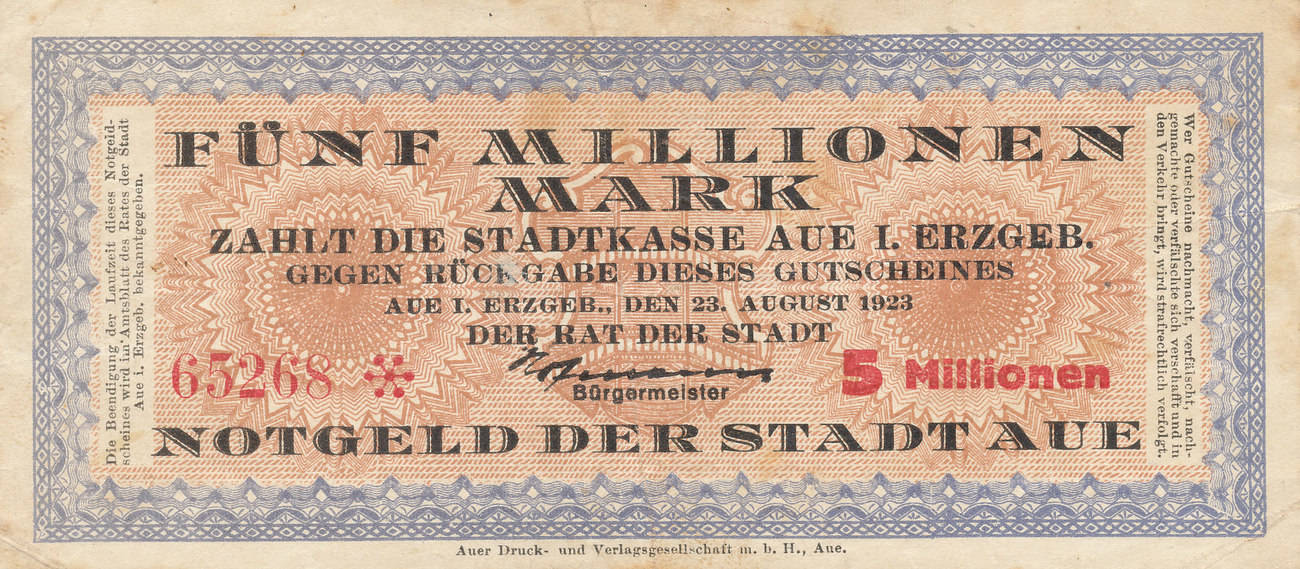 Deutsches Reich,Sachsen, 5 Millionen Mark 1923 Aue,Stadt, gebraucht III ...
