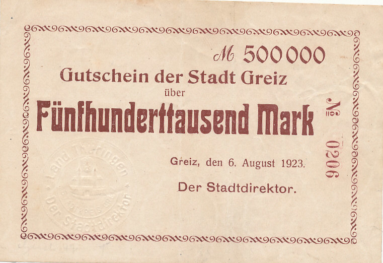 Deutsches Reich, Thüringen, 500000 Mark 1923 Greiz, Stadtdirektor ...