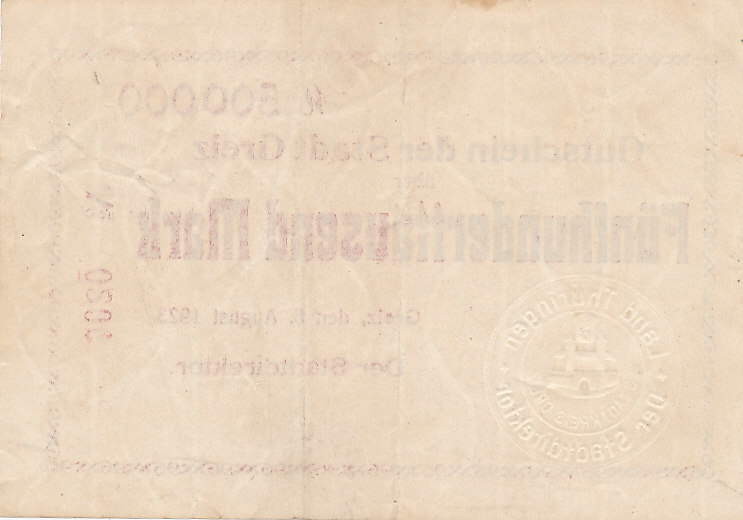 Deutsches Reich, Thüringen, 500000 Mark 1923 Greiz, Stadtdirektor ...
