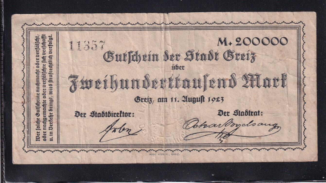 Deutsches Reich, Thüringen, 200000 Mark 1923 Greiz Stadtrat, stark ...