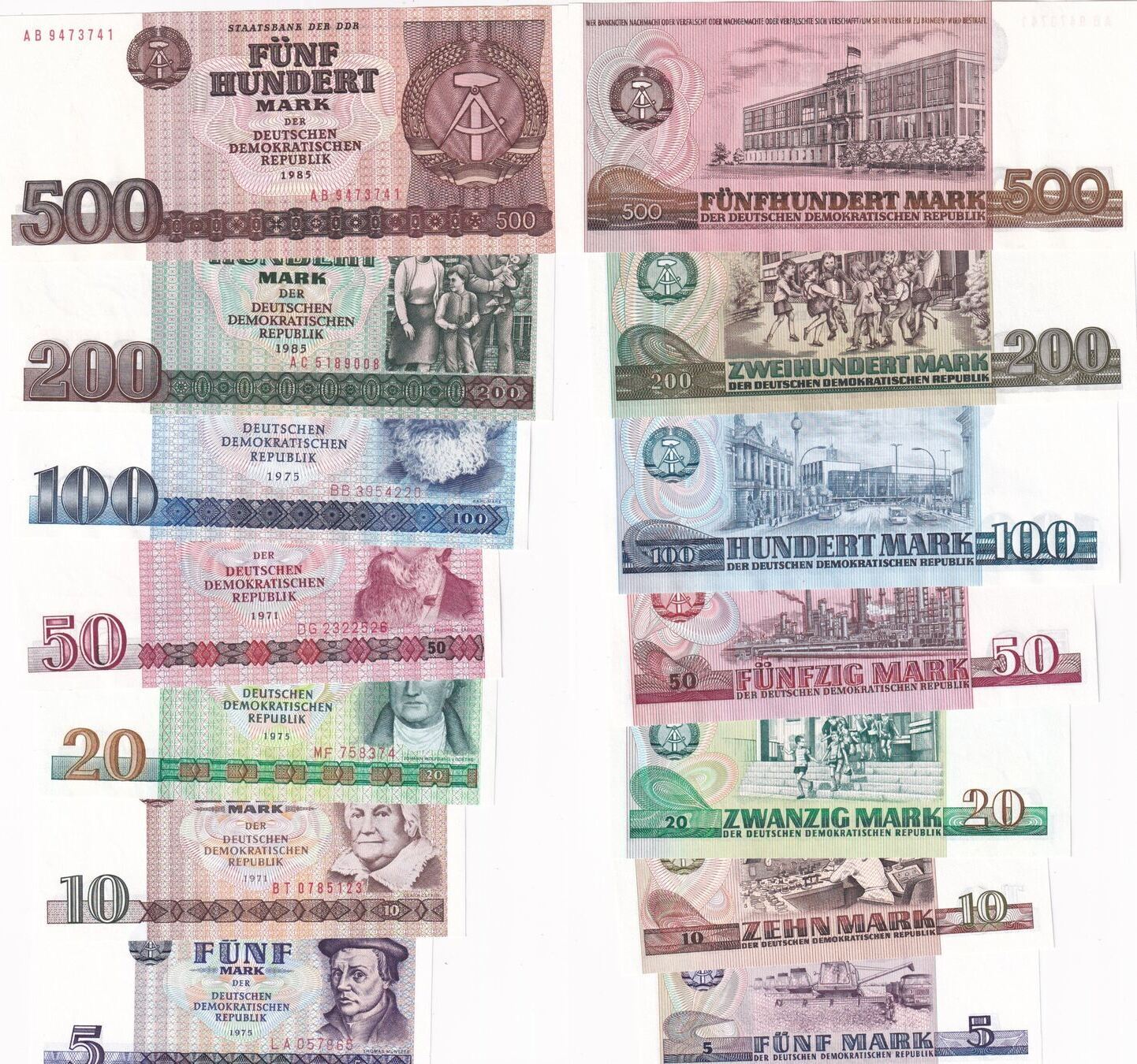 Deutschland, DDR, 5 Mark-500 Mark 1971-1985 letzte Geldschein-Serie der ...