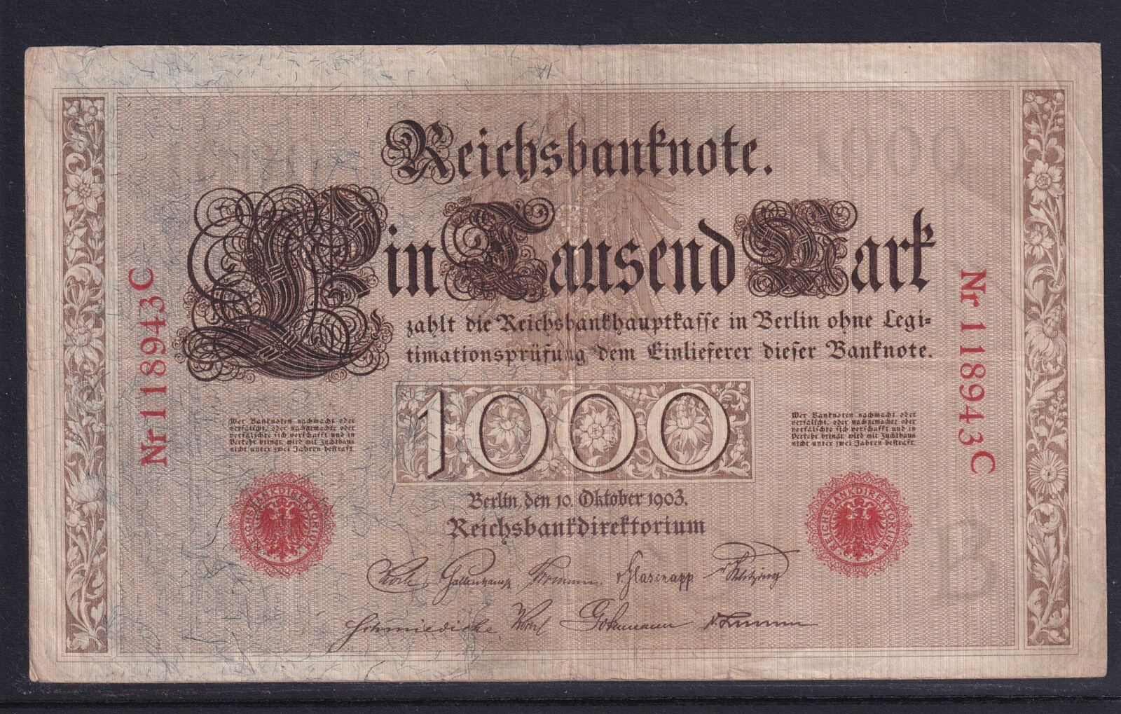 Kaiserreich, Reichsbanknote, 1000 Mark 1903 Ro.21, DEU-19, Serie: C ...
