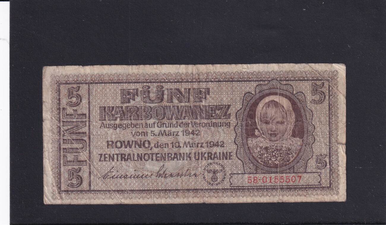 Drittes Reich, Ukraine, 5 Karbowanez, 1942 Ro.593, ZWK-49, Serie:58 ...