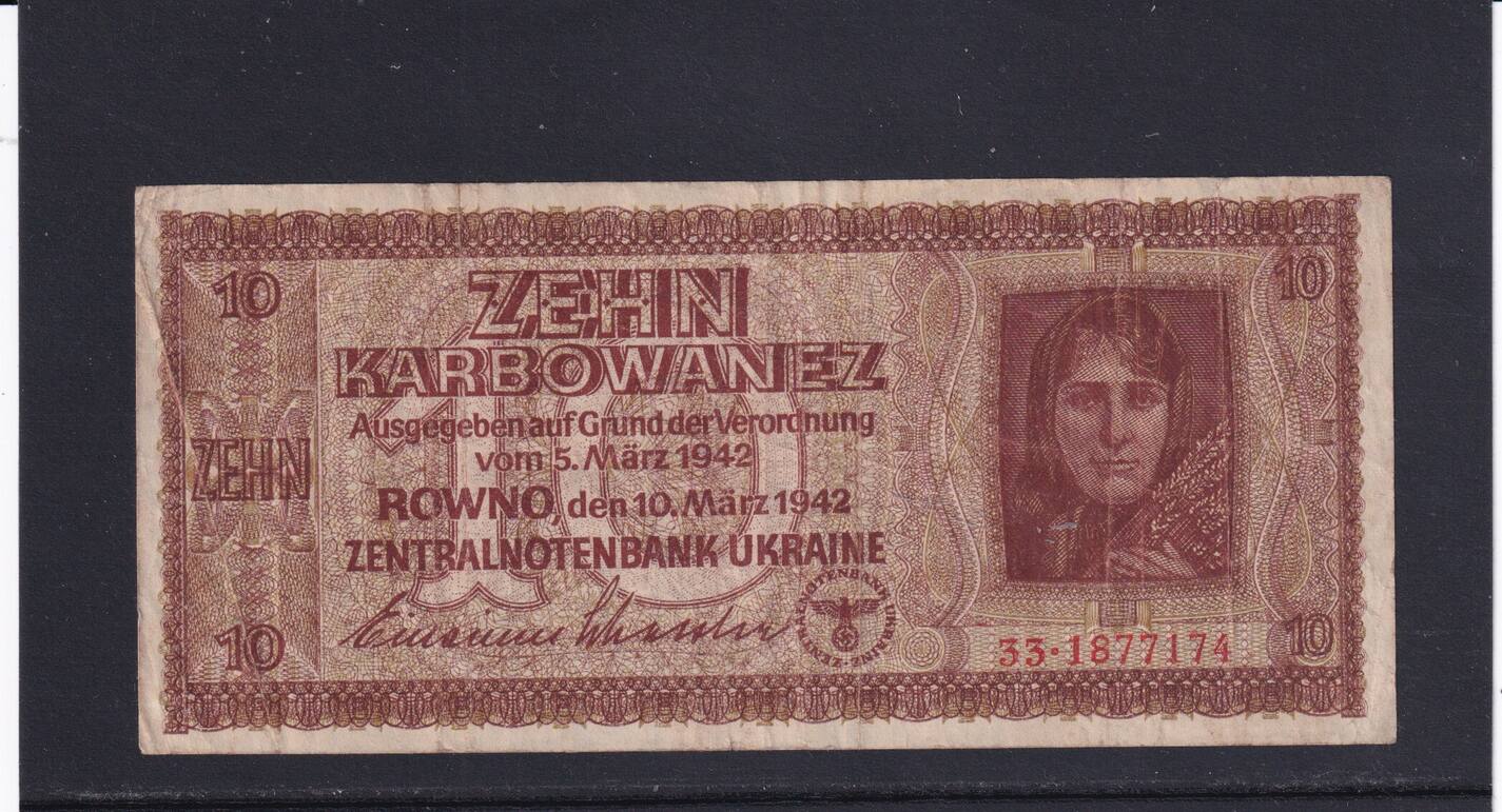 Drittes Reich, Ukraine, 10 Karbowanez 1942 Ro.594, ZWK-50, Serie:33 ...