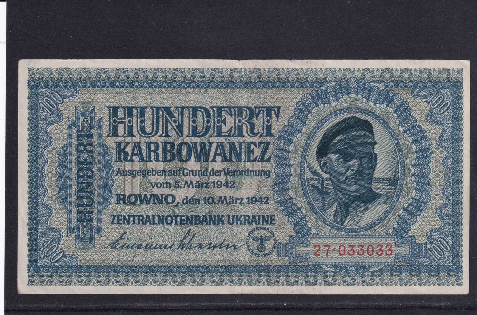Drittes Reich, Ukraine, 100 Karbowanez 1942 Ro.597a, ZWK-53a, KN 6 ...