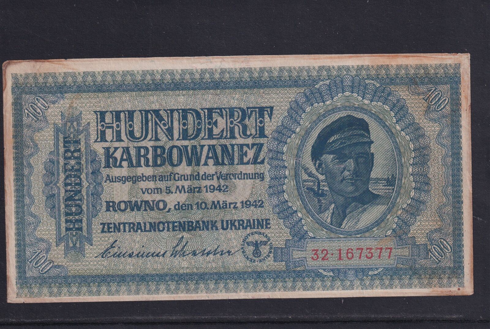 Drittes Reich, Ukraine, 100 Karbowanez 1942 Ro.597a, ZWK-53a, KN 6 ...
