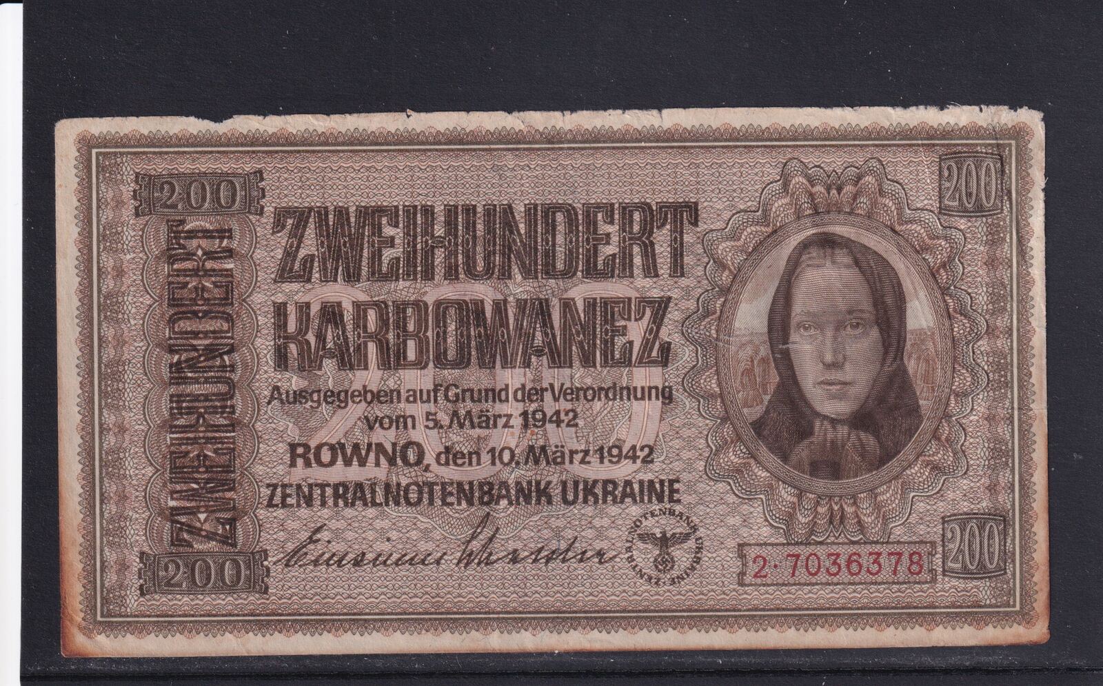 Drittes Reich, Ukraine, 200 Karbowanez 1942 Ro.598a, ZWK-54a, KN ...