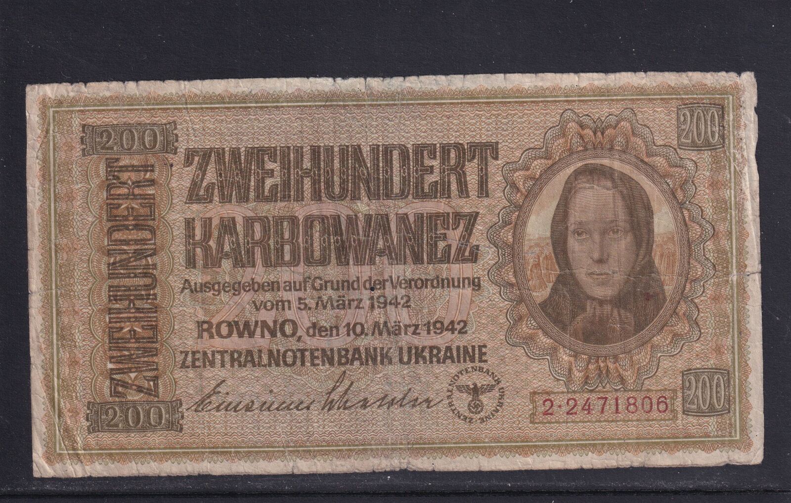 Drittes Reich, Ukraine, 200 Karbowanez 1942 Ro.598a, ZWK-54a, KN ...