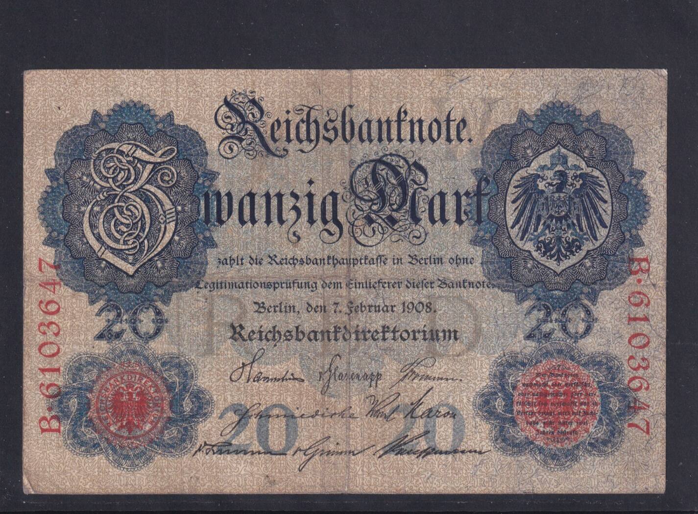 Kaiserreich, Reichsbanknote, 20 Mark 1908 Ro.31,DEU-29, Serie: B, Udr ...