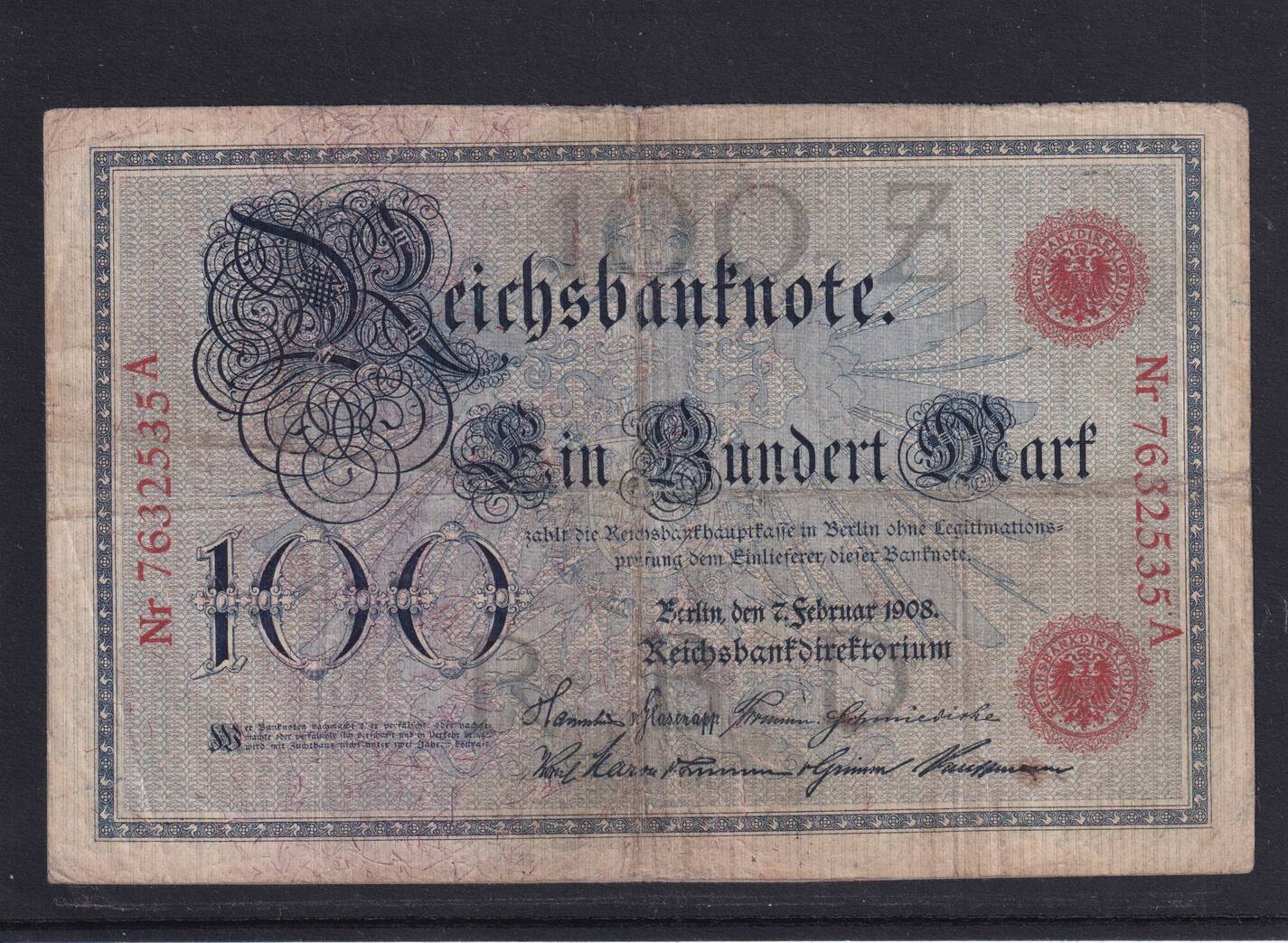 Kaiserreich, Reichsbanknote, 100 Mark 1908 Ro.33a, DEU-31a, Siegel rot ...