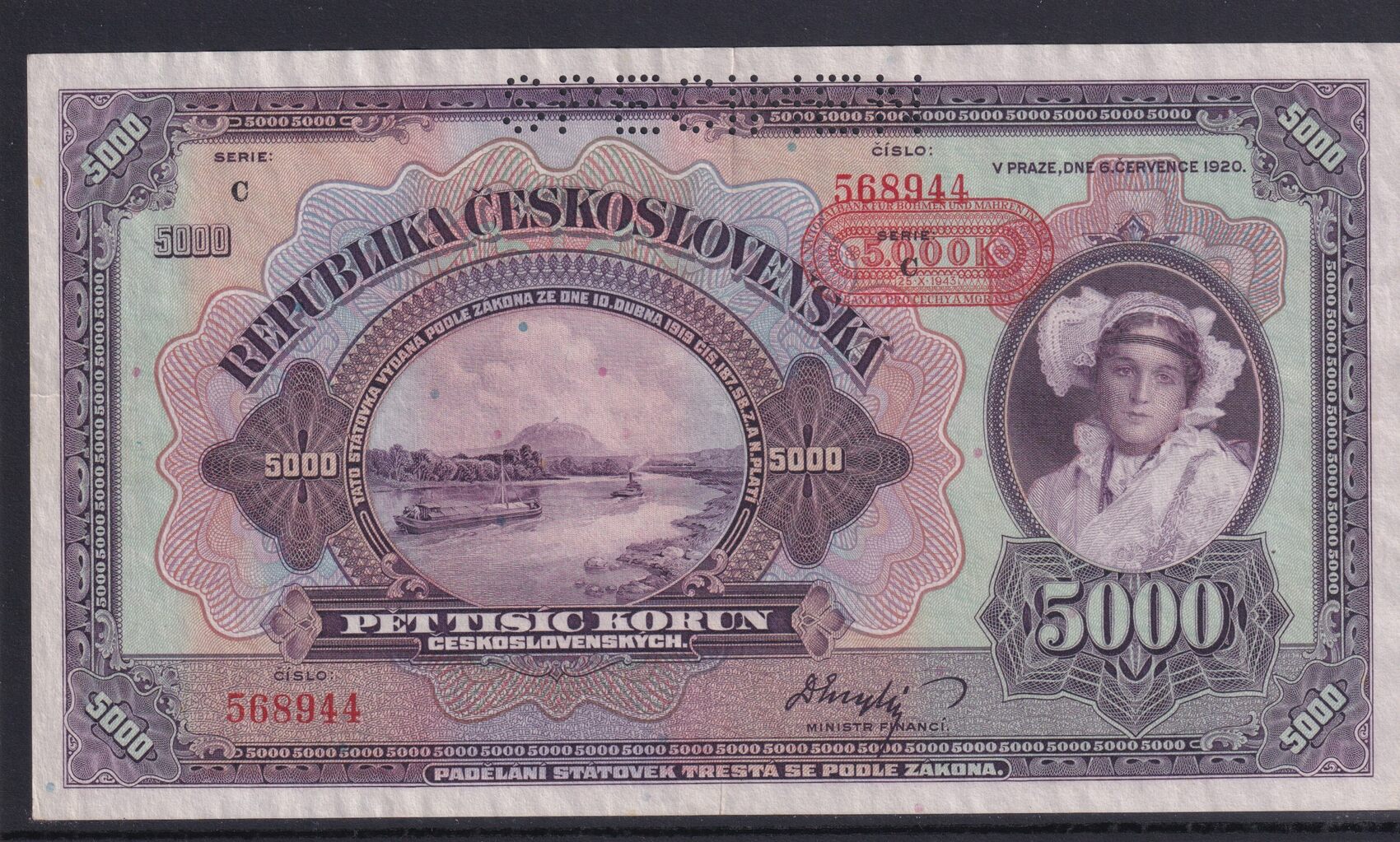 Drittes Reich, Böhmen und Mähren, 5000 Kronen 1943 Ro.567d, ZWK-22M4 ...