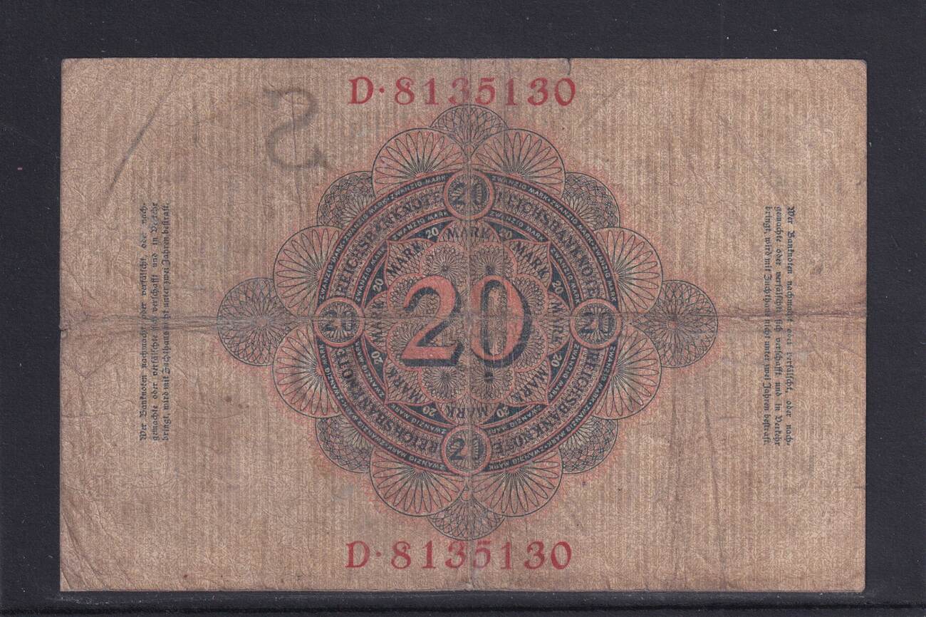 Kaiserreich, Reichsbanknote, 20 Mark 1909 Ro.37, DEU-34, Serie: D, Udr. Bst. S, gebraucht III ...