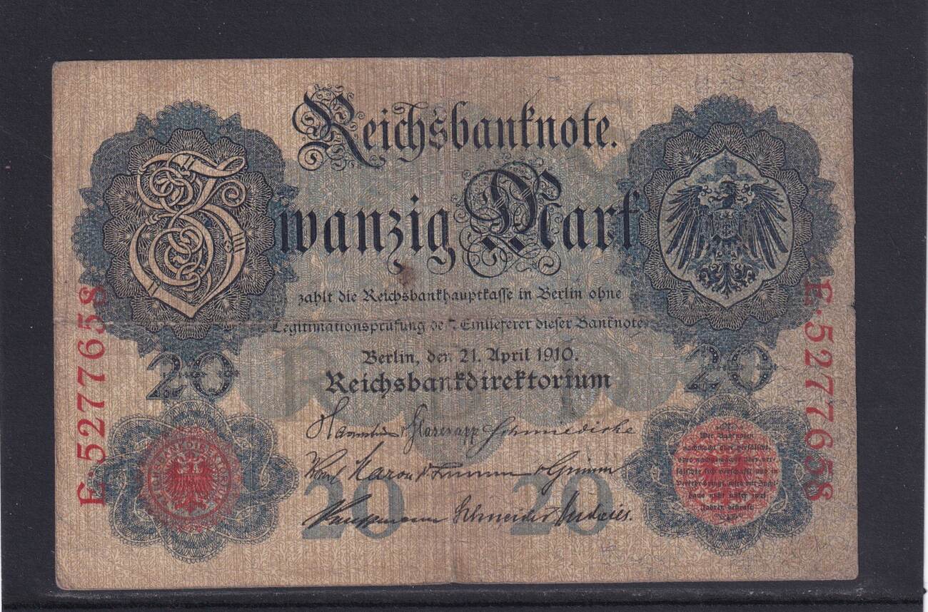 Kaiserreich, Reichsbanknote, 20 Mark 1910 Ro.40b, DEU-37b, KN 7 stellig ...