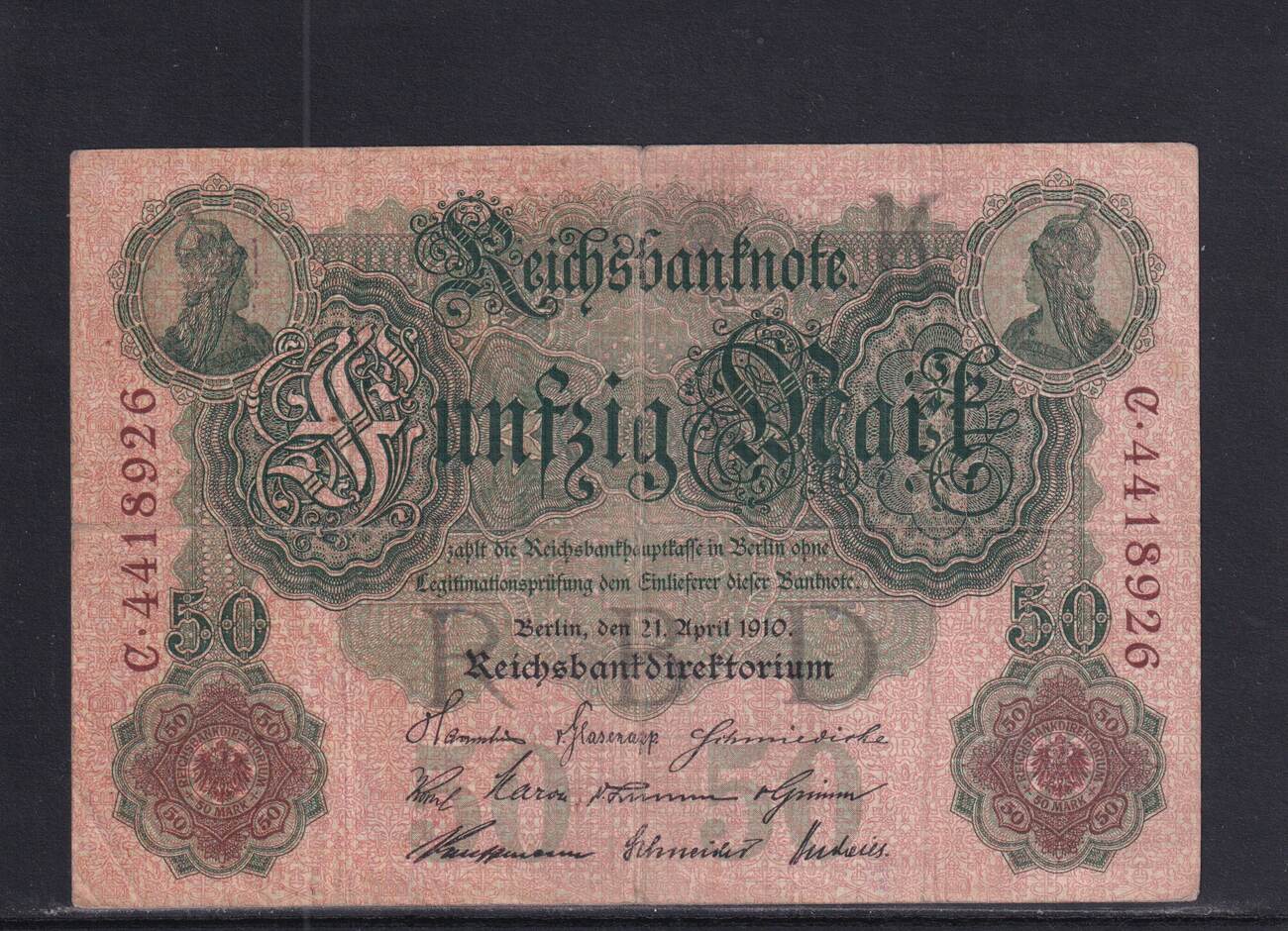Kaiserreich, Reichsbanknote, 50 Mark 1910 Ro.42, DEU-38, Serie: C, Udr ...