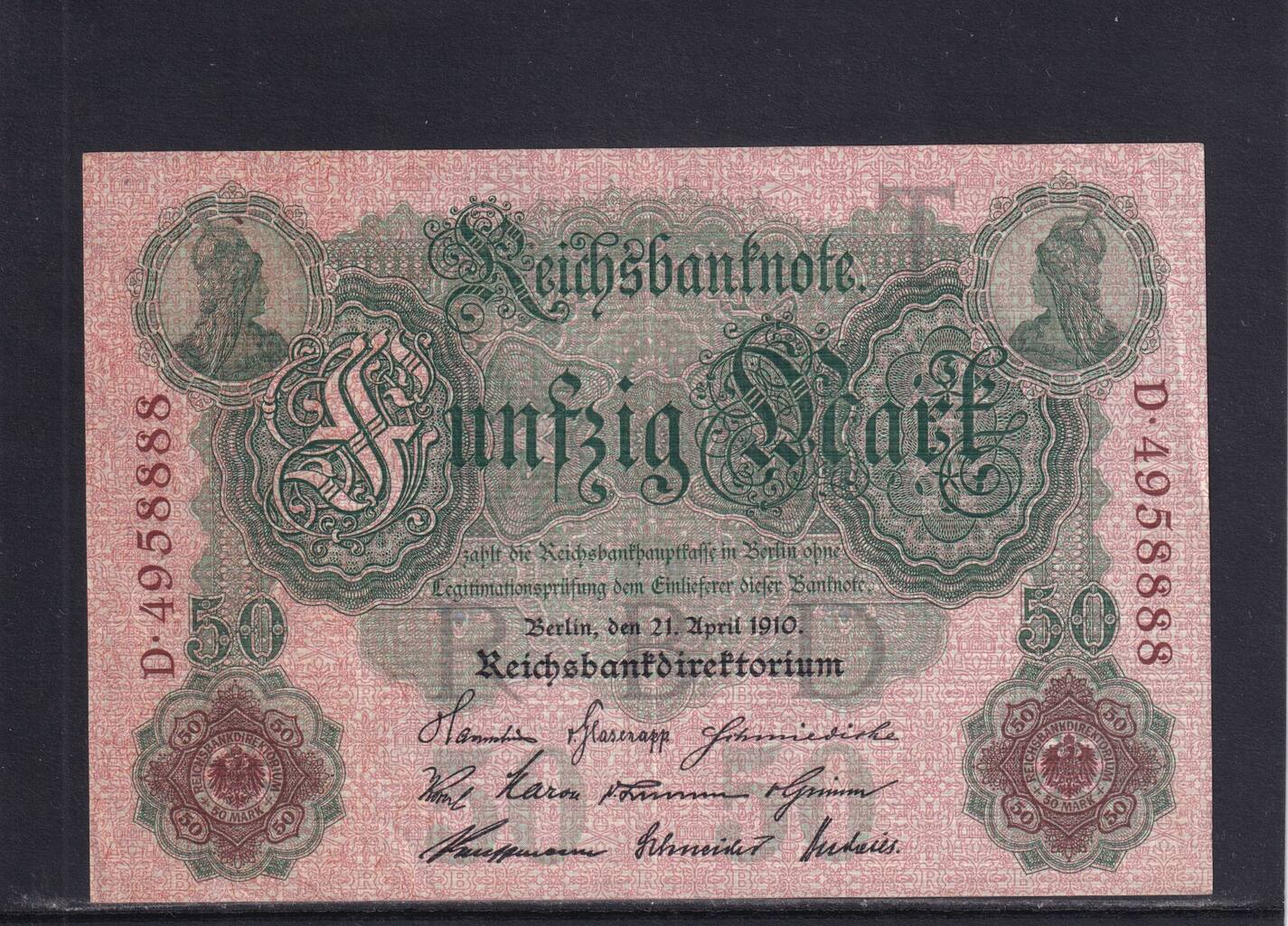 Kaiserreich, Reichsbanknote, 50 Mark 1910 Ro.42, DEU-38, Serie: D, Udr ...