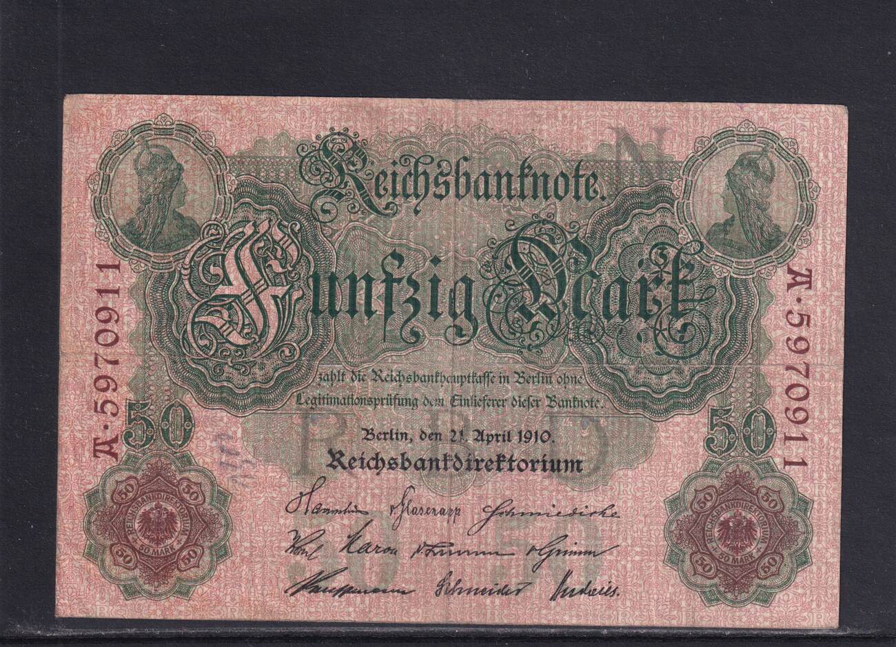 Kaiserreich, Reichsbanknote, 50 Mark 1910 Ro.42, DEU-38, Serie: A, Udr ...