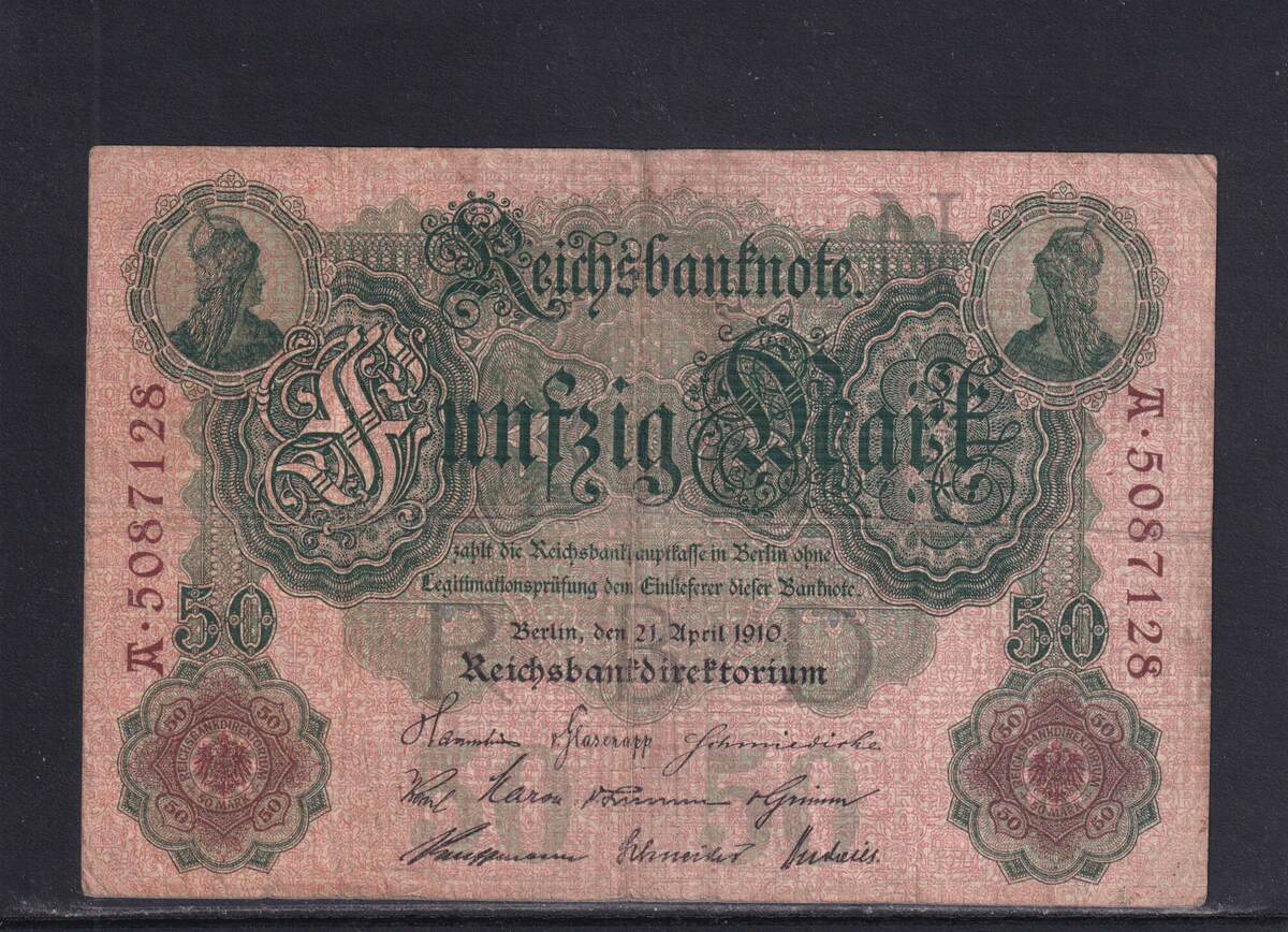 Kaiserreich, Reichsbanknote, 50 Mark 1910 Ro.42, DEU-38, Serie: A, Udr ...