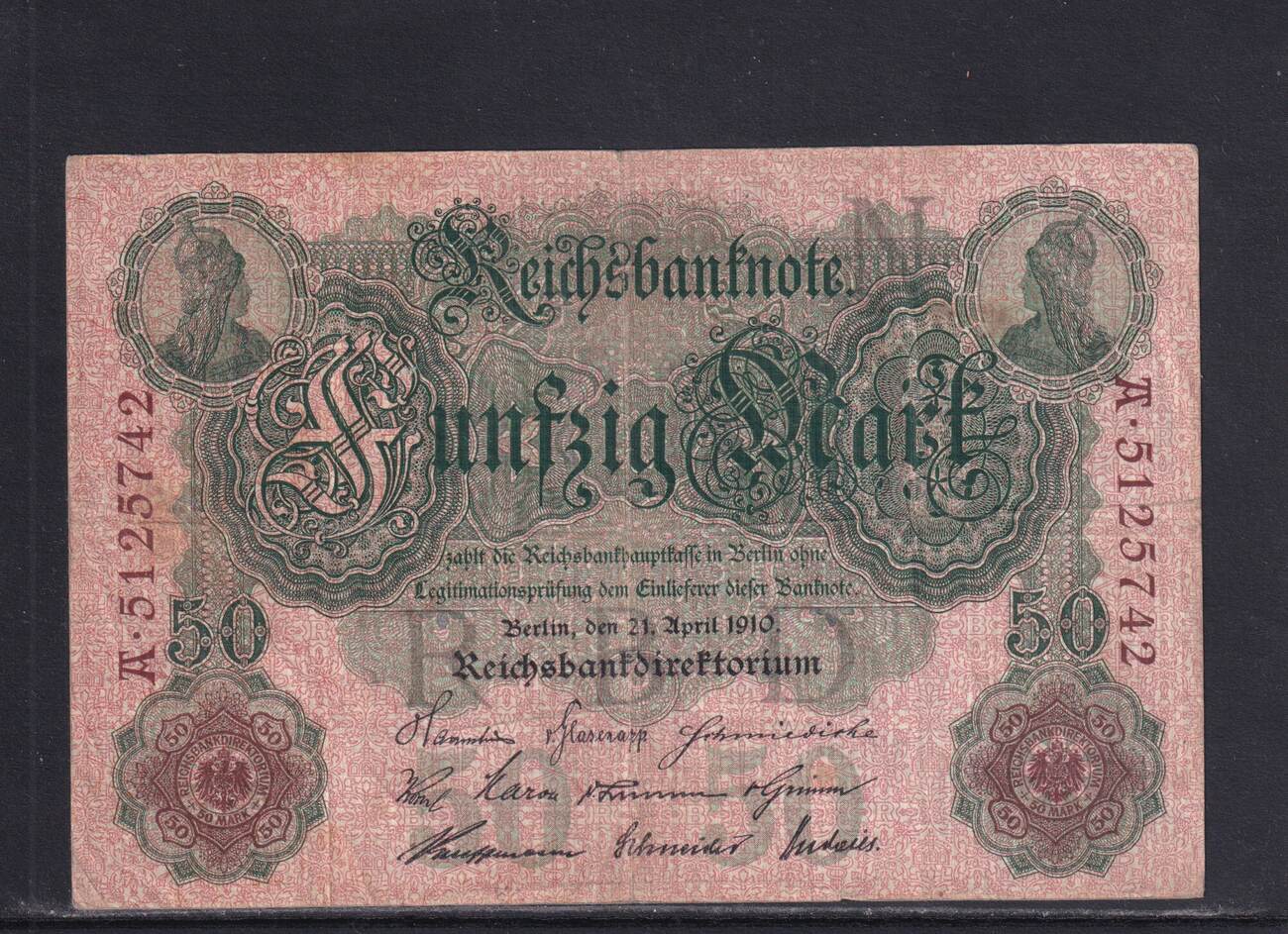 Kaiserreich, Reichsbanknote, 50 Mark 1910 Ro.42, DEU-38, Serie: A, Udr ...