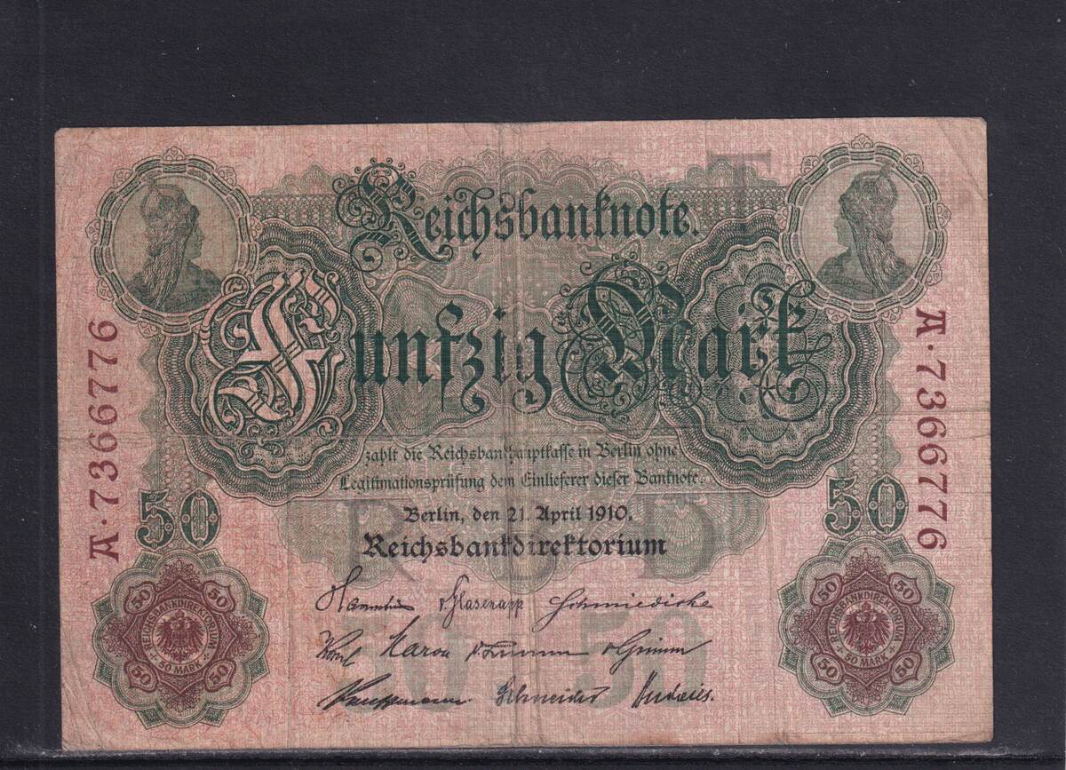 Kaiserreich, Reichsbanknote, 50 Mark 1910 Ro.42, DEU-38, Serie: A, Udr ...