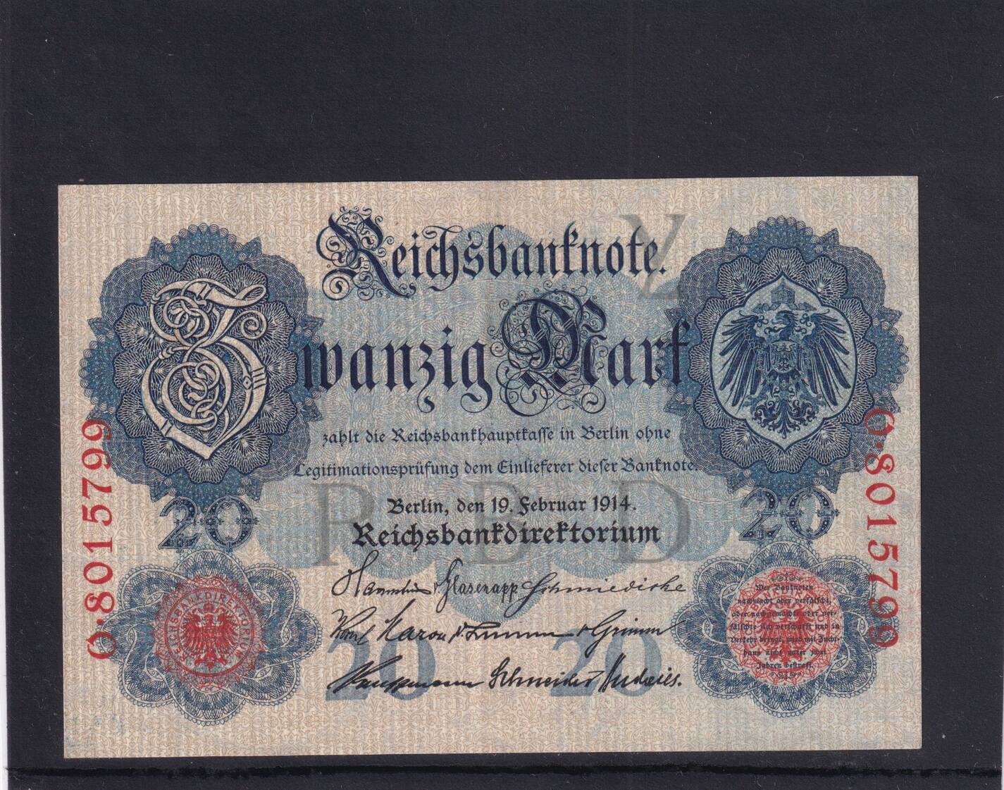 Kaiserreich, Reichsbanknote, 20 Mark 1914 Ro.47b, DEU-41b, KN 7 stellig ...