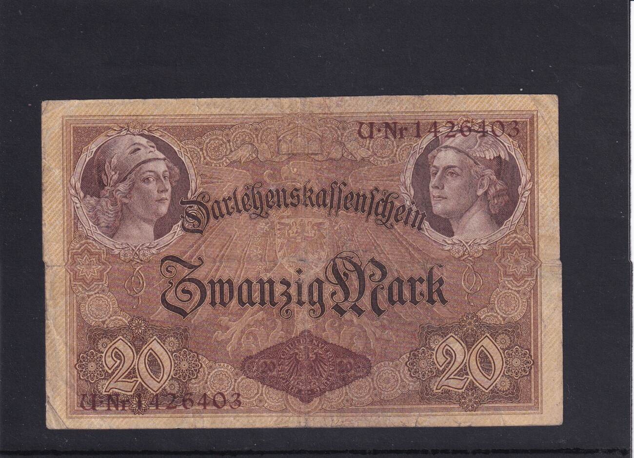 Kaiserreich, Reichsbanknote, 20 Mark 1914 Ro.49b, DEU-55b, KN 7 stellig ...