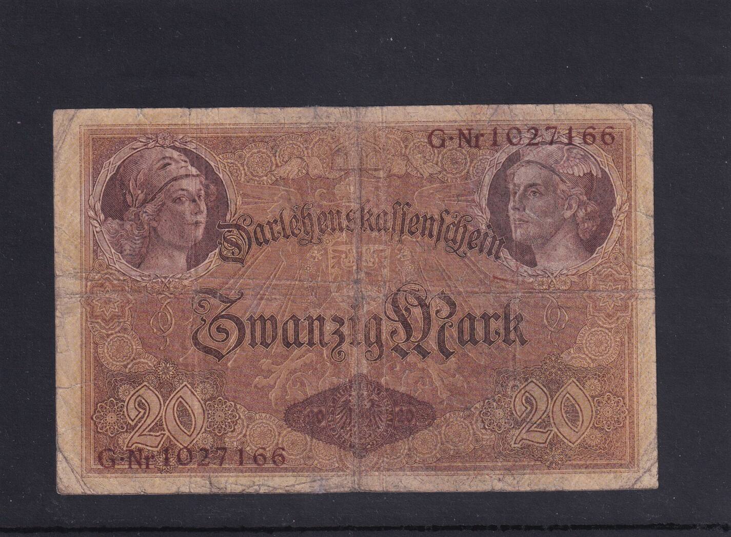 Kaiserreich, Reichsbanknote, 20 Mark 1914 Ro.49b, DEU-55b, KN 7 stellig ...