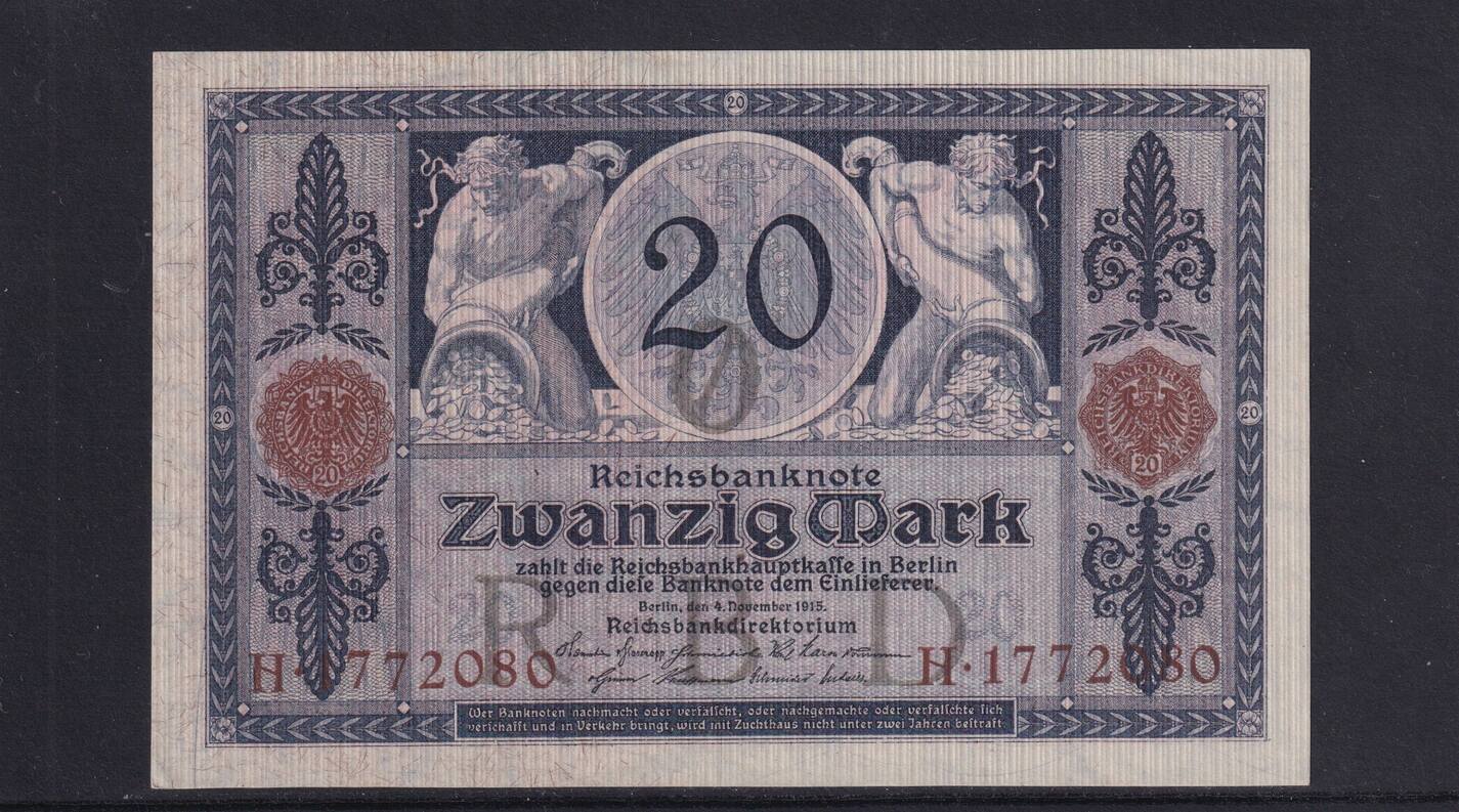 Kaiserreich, Reichsbanknote, 20 Mark 1915 Ro.53, DEU-42, Serie: H, Udr ...