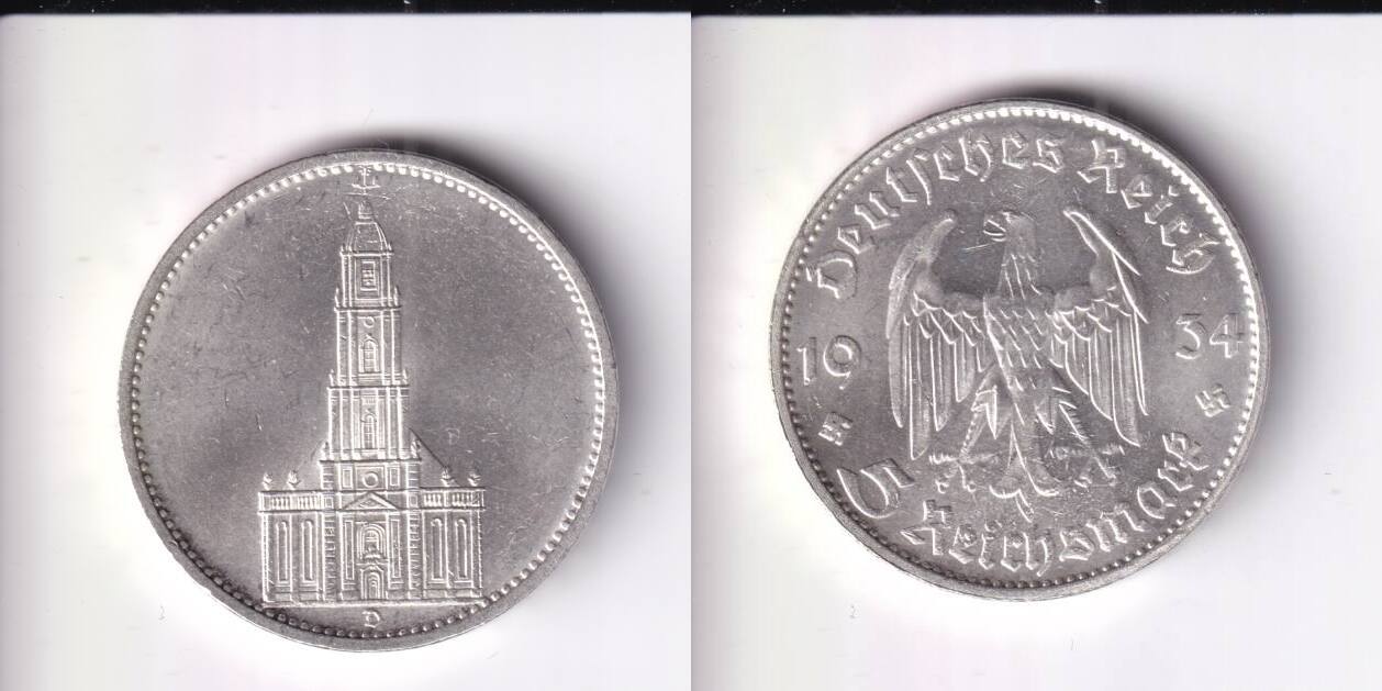 Deutsches Reich, Drittes Reich, 5 Reichsmark 1934 D Garnisonkirche ...