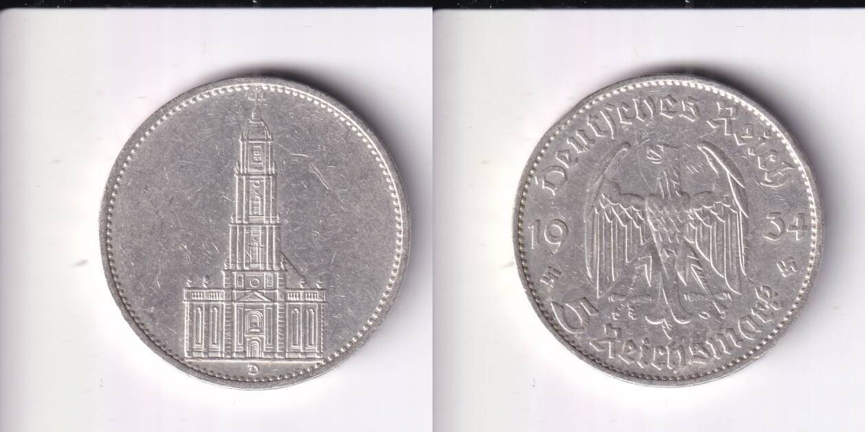 Deutsches Reich, Drittes Reich, 5 Reichsmark 1934 D Garnisonkirche ...