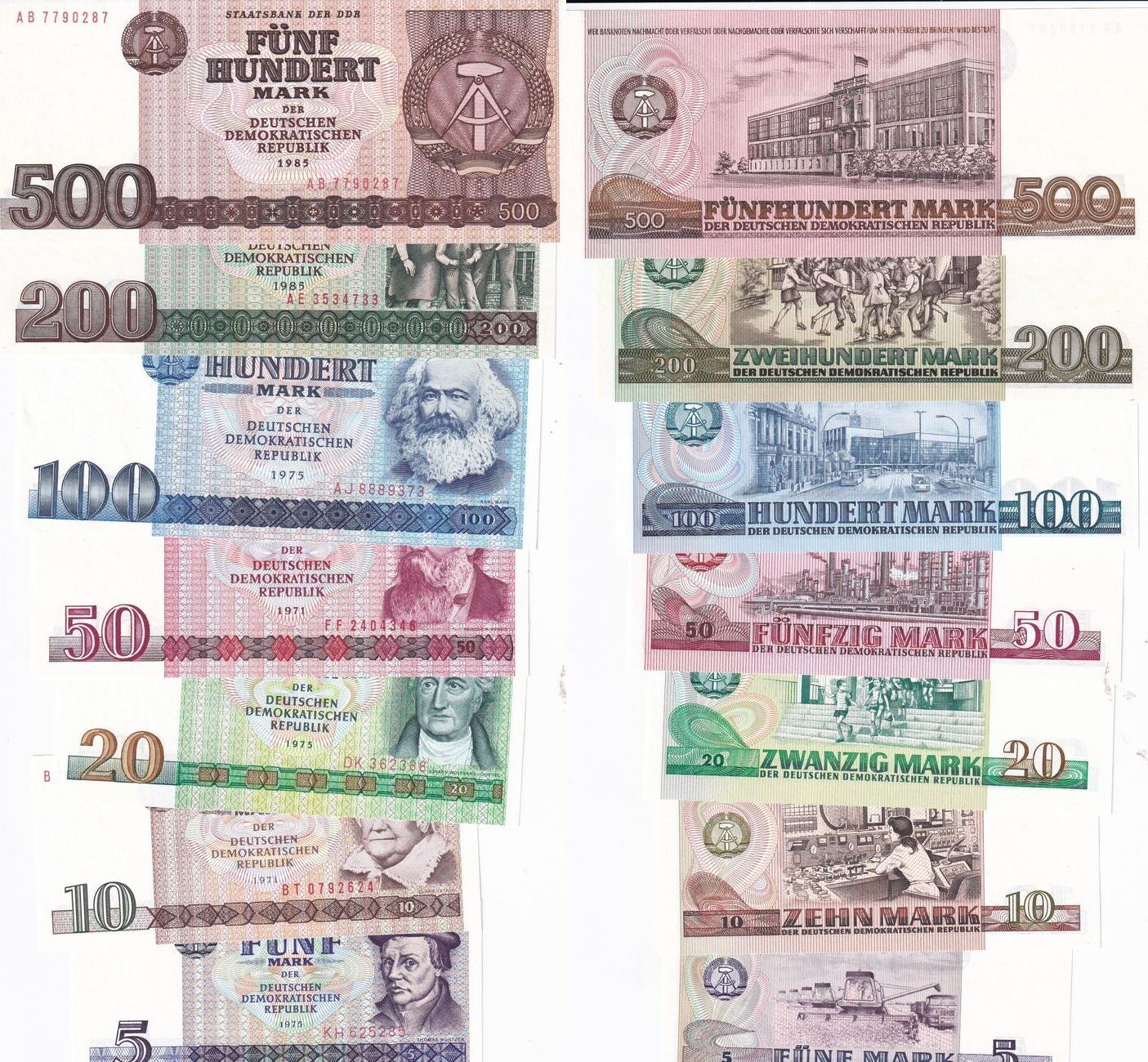 Deutschland, DDR, 5 Mark - 500 Mark 1971-1985 Satz DDR Banknoten ...