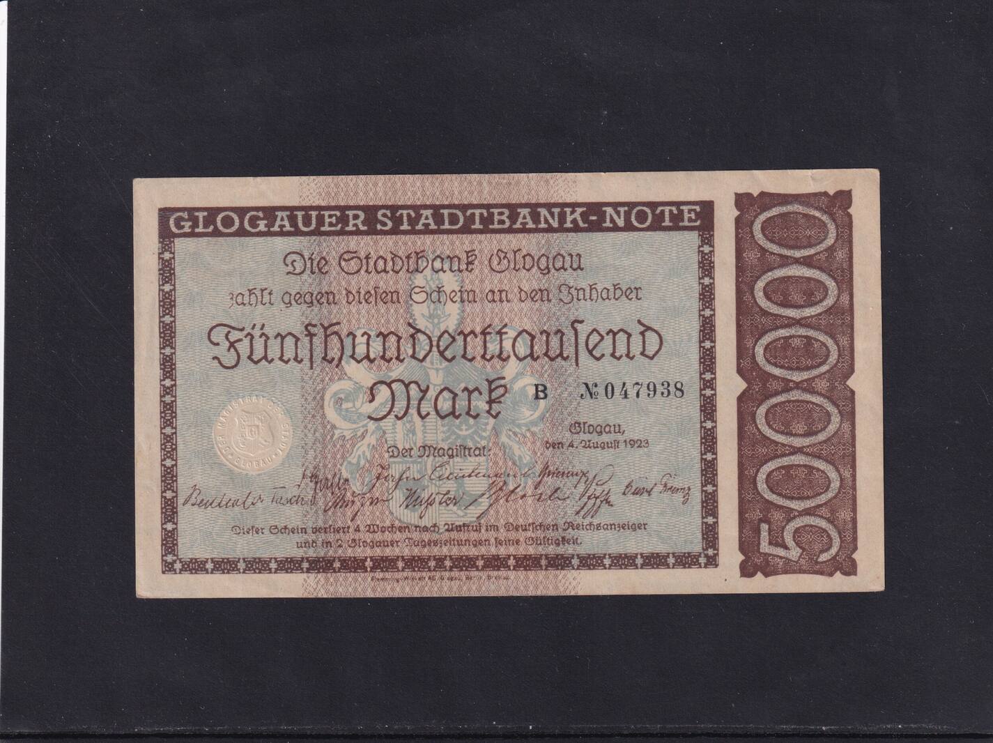 Weimarer Republik, Schlesien, 500000 Mark 1923 Glogau, Magistrat ...
