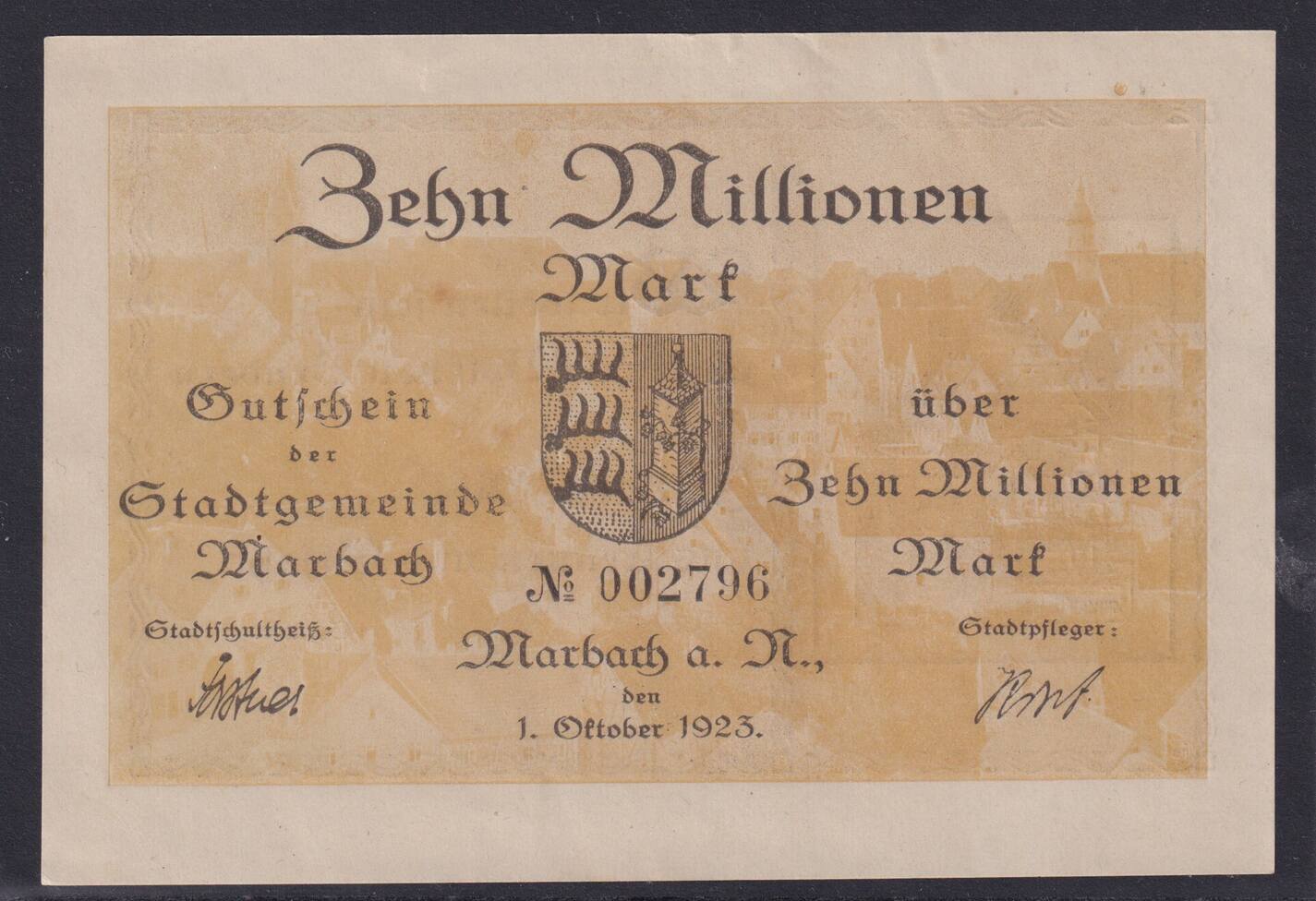 Weimarer Republik, Württemberg, 10 Millionen Mark 1923 Marbach am ...