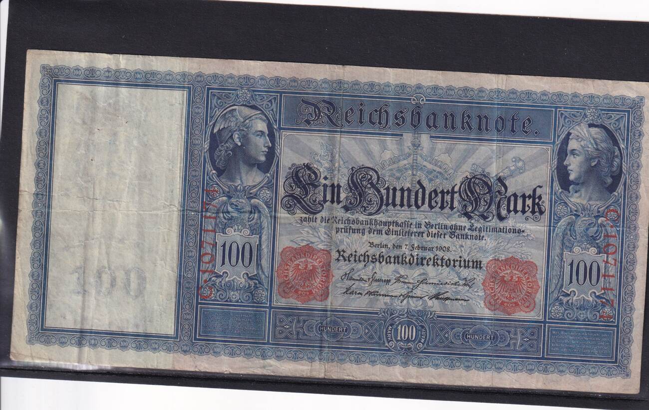 Kaiserreich, Reichsbanknote, 100 Mark 1908 Ro.35, DEU-32, gebraucht III-, | MA-Shops