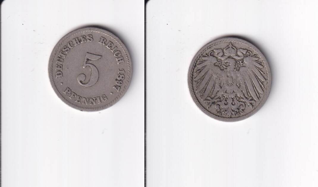 Deutsches Reich, Kaiserreich, 5 Pfennig 1897 G großer Adler, Kupfer ...