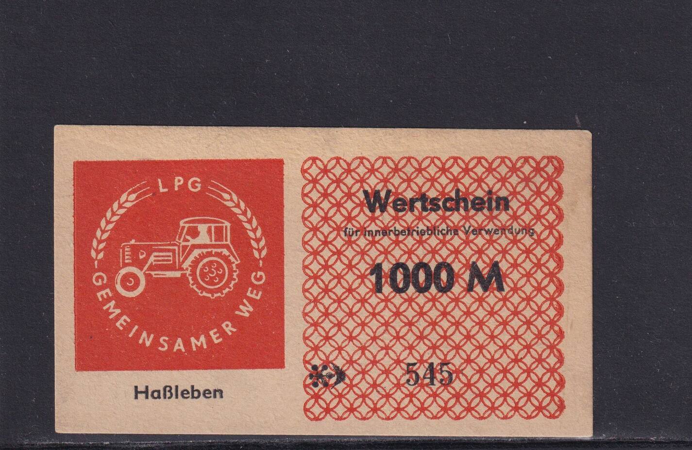 Deutschland, DDR, 1000 Mark ohne Jahr, LPG-Geld, LPG Haßleben ...