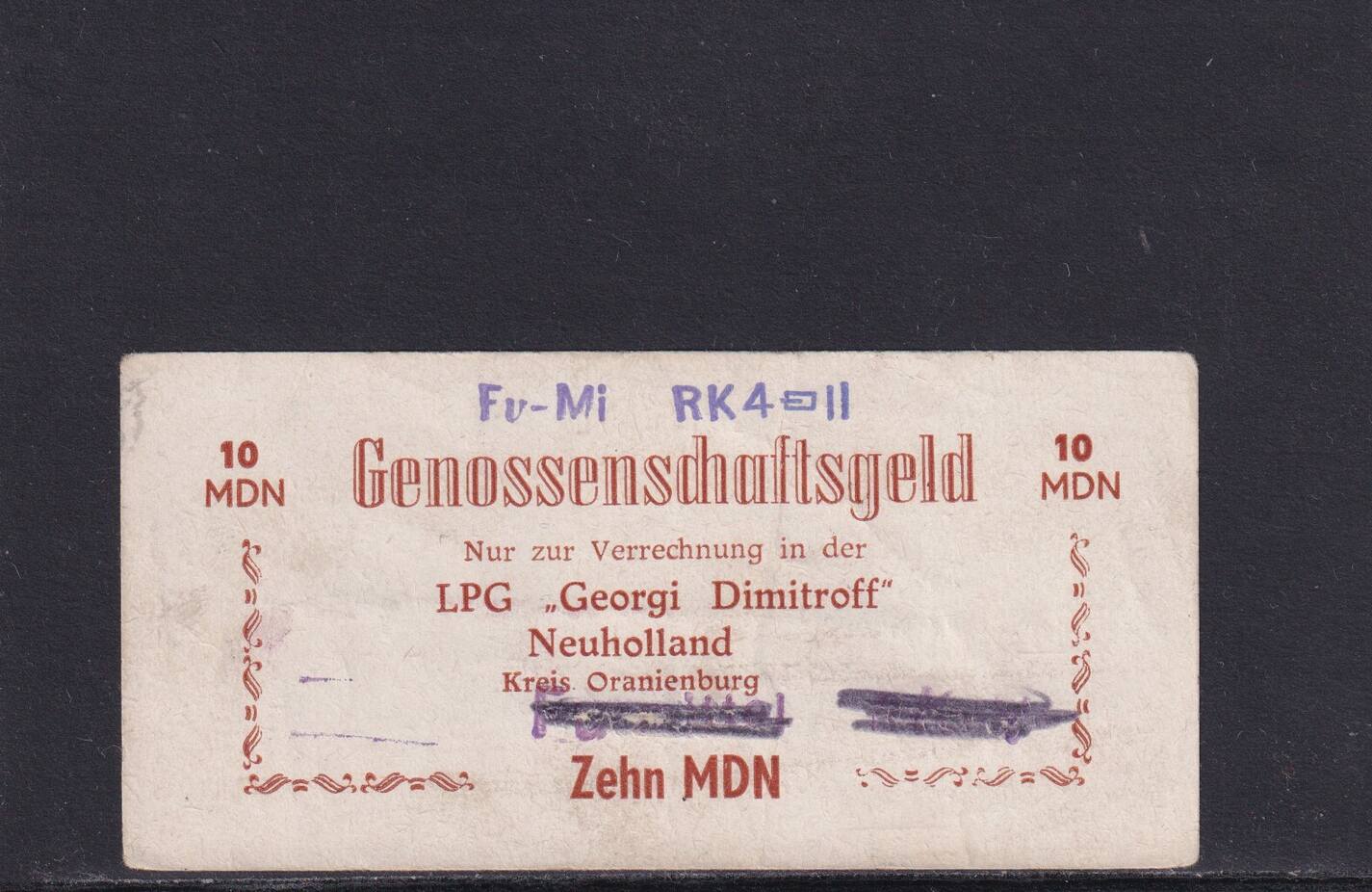 Deutschland, DDR, 10 MDN um 1964 LPG-Geld, LPG Neuholland, mit Stempel, gebraucht III, | MA-Shops