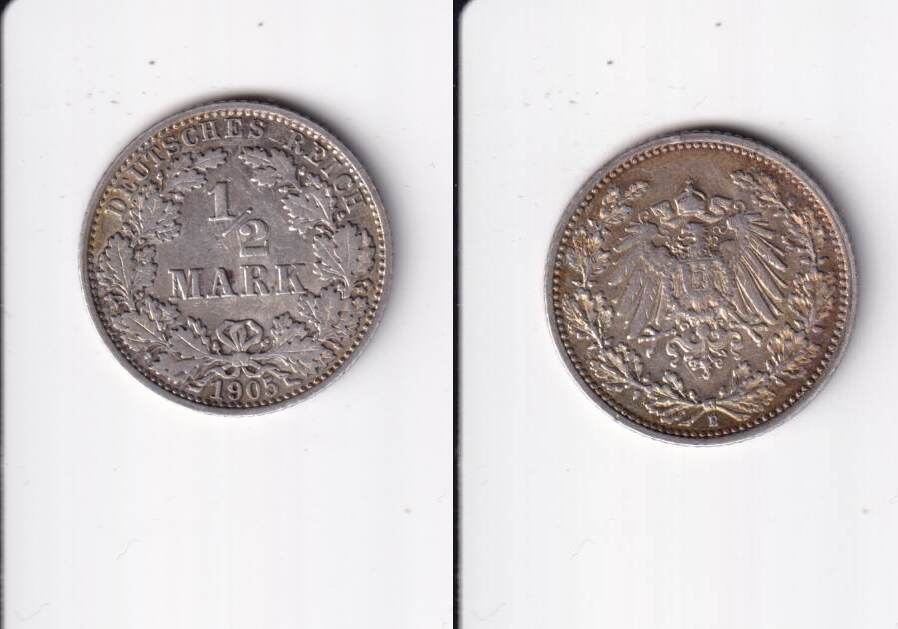 Deutsches Reich, Kaiserreich, 1/2 Mark 1905 E ss-vz, Vs. kleine Kerbe, Silber, | MA-Shops